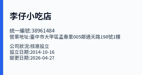 李仔小吃店的照片-統編 38961484(臺中市) 公司登記資料與營業項目詳細圖表