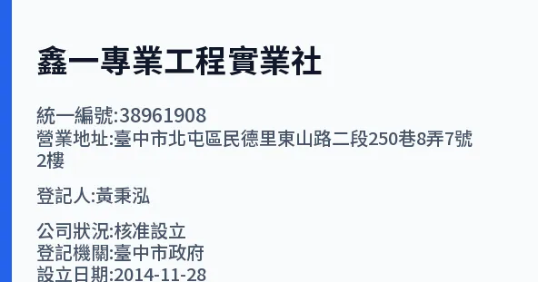 鑫一專業工程實業社的照片-統編 38961908(臺中市) 公司登記資料與營業項目詳細圖表