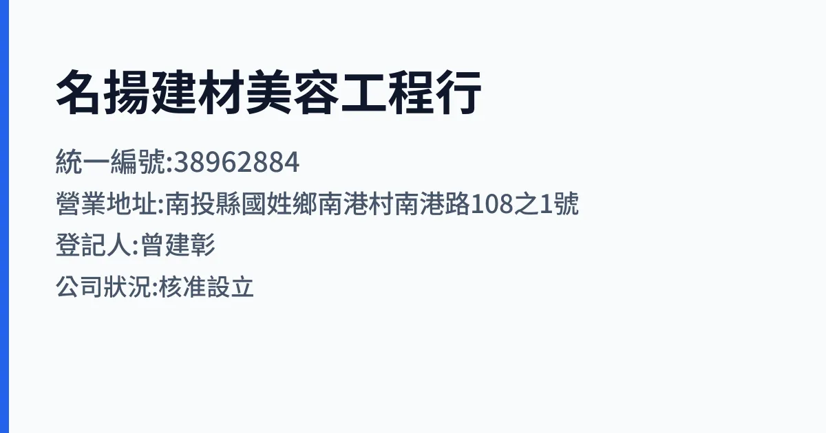 名揚建材美容工程行 - 統編 38962884(南投縣) 公司登記資料與營業項目詳細圖表