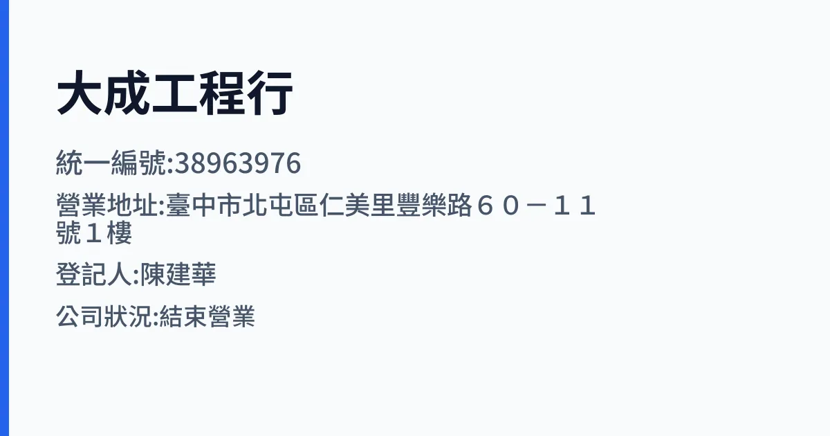 大成工程行 - 統編 38963976(臺中市) 公司登記資料與營業項目詳細圖表