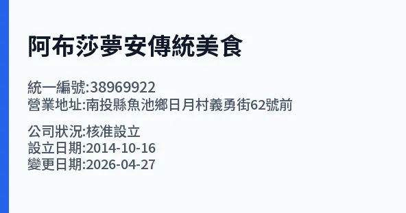 阿布莎夢安傳統美食的照片-統編 38969922(南投縣) 公司登記資料與營業項目詳細圖表