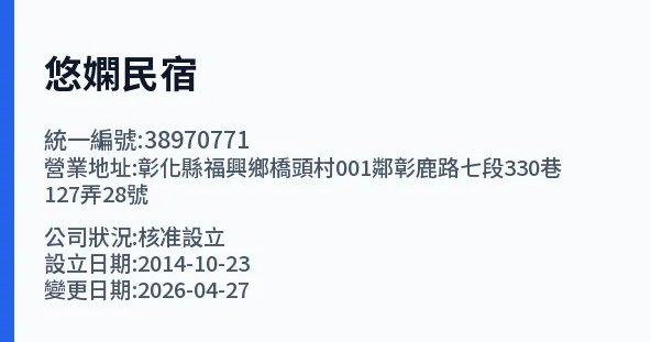 悠嫻民宿的照片-統編 38970771(彰化縣) 公司登記資料與營業項目詳細圖表