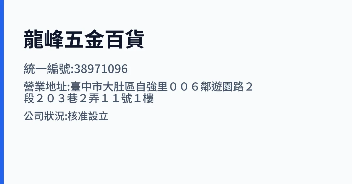 龍峰五金百貨 - 統編 38971096(臺中市) 公司登記資料與營業項目詳細圖表