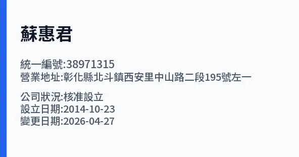 蘇惠君的照片-統編 38971315(彰化縣) 公司登記資料與營業項目詳細圖表
