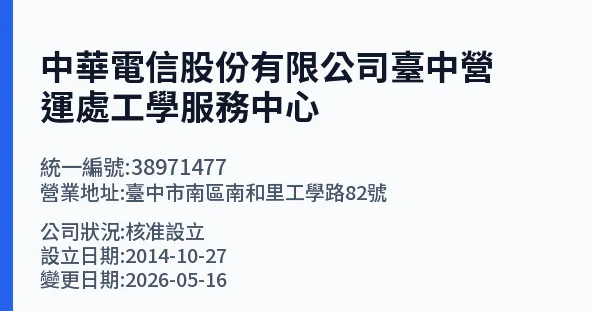 中華電信股份有限公司臺中營運處工學服務中心的照片-統編 38971477(臺中市) 公司登記資料與營業項目詳細圖表