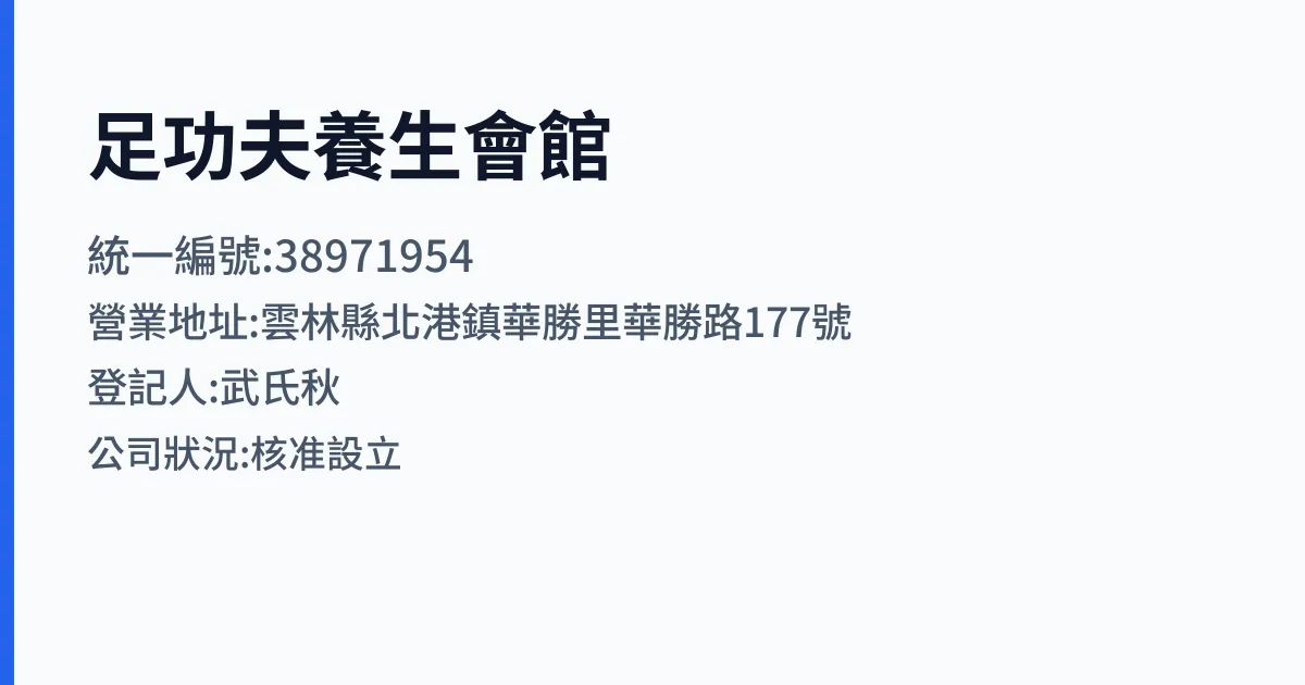 足功夫養生會館 - 統編 38971954(雲林縣) 公司登記資料與營業項目詳細圖表