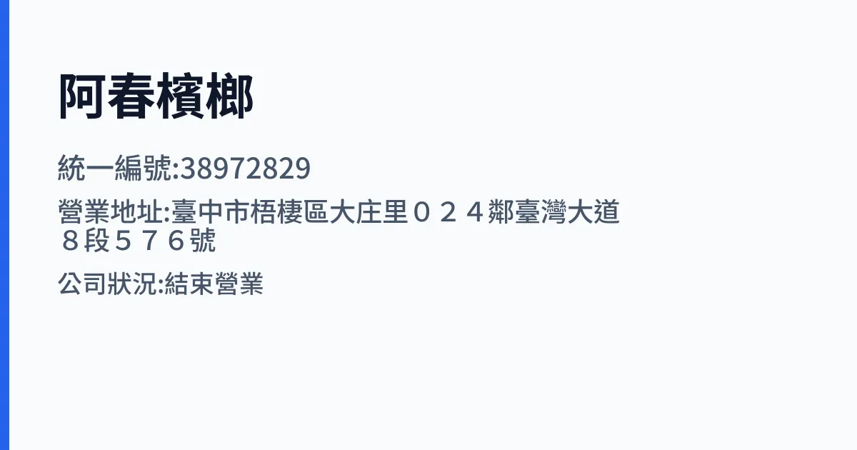 阿春檳榔 - 統編 38972829(臺中市) 公司登記資料與營業項目詳細圖表