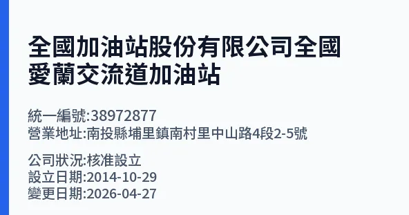 全國加油站股份有限公司全國愛蘭交流道加油站的照片-統編 38972877(南投縣) 公司登記資料與營業項目詳細圖表
