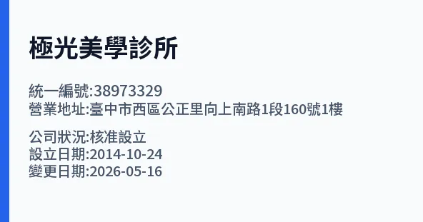 極光美學診所的照片-統編 38973329(臺中市) 公司登記資料與營業項目詳細圖表