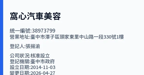窩心汽車美容的照片-統編 38973799(臺中市) 公司登記資料與營業項目詳細圖表