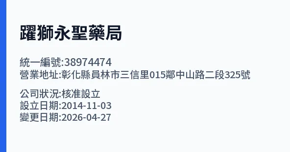 躍獅永聖藥局的照片-統編 38974474(彰化縣) 公司登記資料與營業項目詳細圖表
