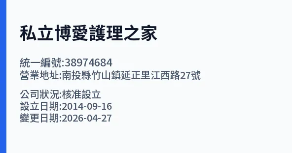 私立博愛護理之家的照片-統編 38974684(南投縣) 公司登記資料與營業項目詳細圖表