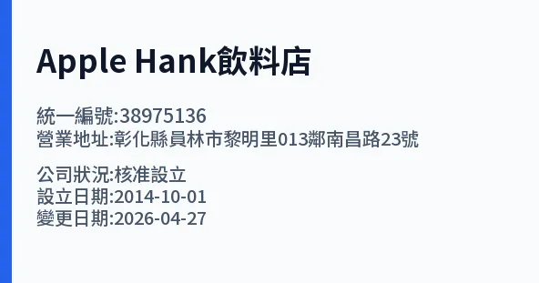 Apple Hank飲料店的照片-統編 38975136(彰化縣) 公司登記資料與營業項目詳細圖表