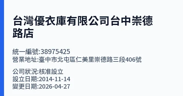 台灣優衣庫有限公司台中崇德路店的照片-統編 38975425(臺中市) 公司登記資料與營業項目詳細圖表