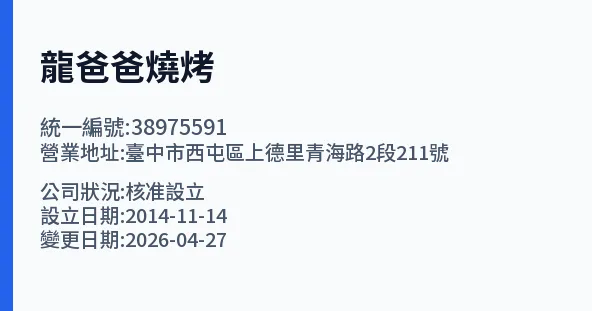龍爸爸燒烤的照片-統編 38975591(臺中市) 公司登記資料與營業項目詳細圖表