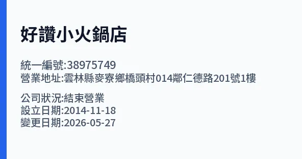 好讚小火鍋店的照片-統編 38975749(雲林縣) 公司登記資料與營業項目詳細圖表