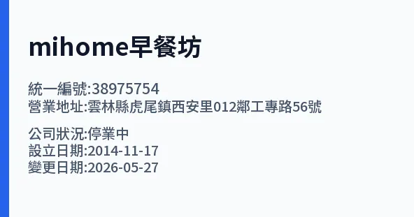 mihome早餐坊的照片-統編 38975754(雲林縣) 公司登記資料與營業項目詳細圖表