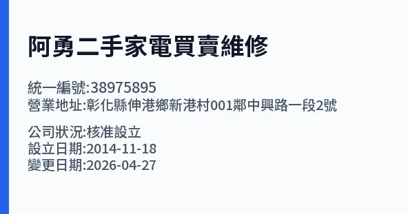 阿勇二手家電買賣維修的照片-統編 38975895(彰化縣) 公司登記資料與營業項目詳細圖表