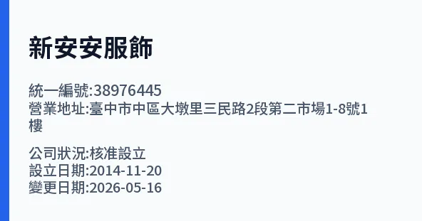 新安安服飾的照片-統編 38976445(臺中市) 公司登記資料與營業項目詳細圖表
