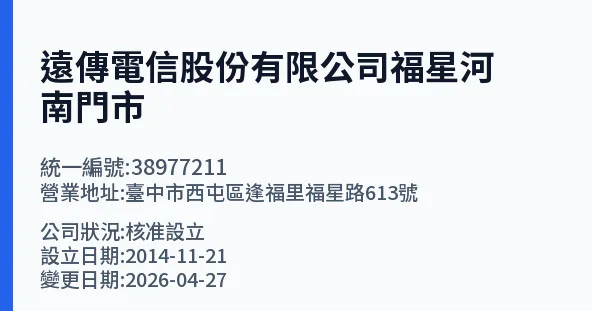 遠傳電信股份有限公司福星河南門市的照片-統編 38977211(臺中市) 公司登記資料與營業項目詳細圖表
