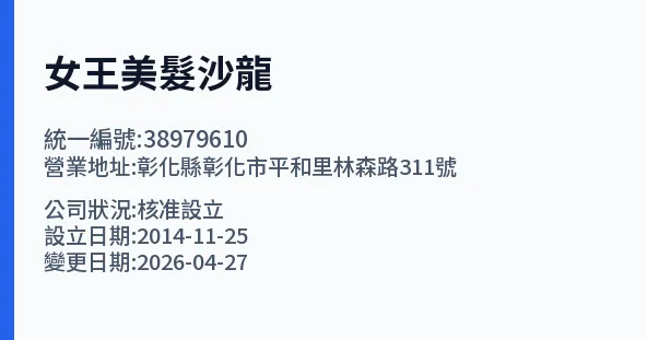 女王美髮沙龍的照片-統編 38979610(彰化縣) 公司登記資料與營業項目詳細圖表