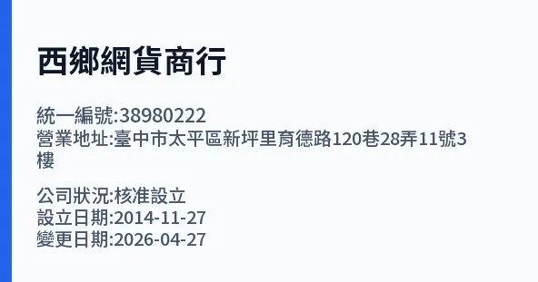 西鄉網貨商行的照片-統編 38980222(臺中市) 公司登記資料與營業項目詳細圖表