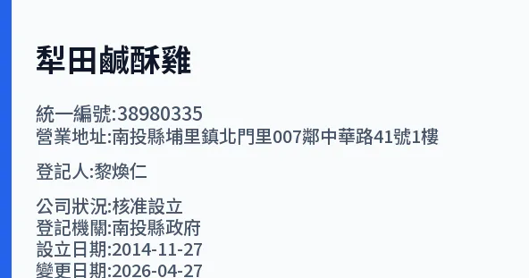 犁田鹹酥雞的照片-統編 38980335(南投縣) 公司登記資料與營業項目詳細圖表