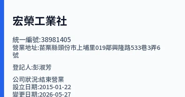 宏榮工業社的照片-統編 38981405(苗栗縣) 公司登記資料與營業項目詳細圖表