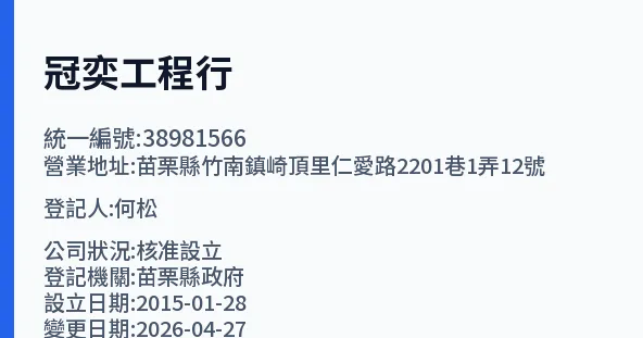 冠奕工程行的照片-統編 38981566(苗栗縣) 公司登記資料與營業項目詳細圖表