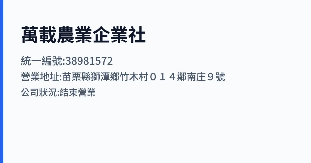 萬載農業企業社 - 統編 38981572(苗栗縣) 公司登記資料與營業項目詳細圖表