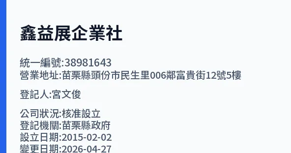 鑫益展企業社的照片-統編 38981643(苗栗縣) 公司登記資料與營業項目詳細圖表