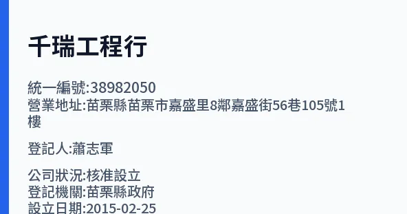 千瑞工程行的照片-統編 38982050(苗栗縣) 公司登記資料與營業項目詳細圖表