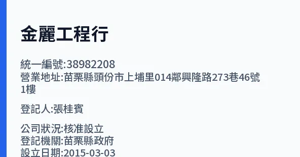 金麗工程行的照片-統編 38982208(苗栗縣) 公司登記資料與營業項目詳細圖表