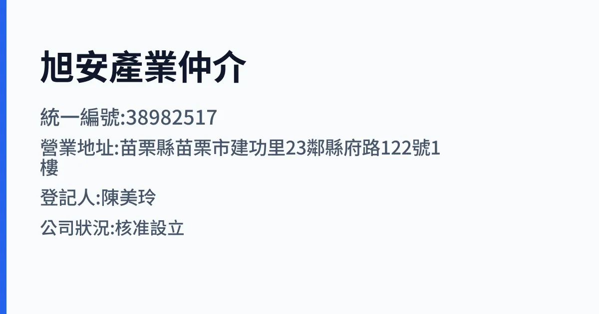 旭安產業仲介 - 統編 38982517(苗栗縣) 公司登記資料與營業項目詳細圖表