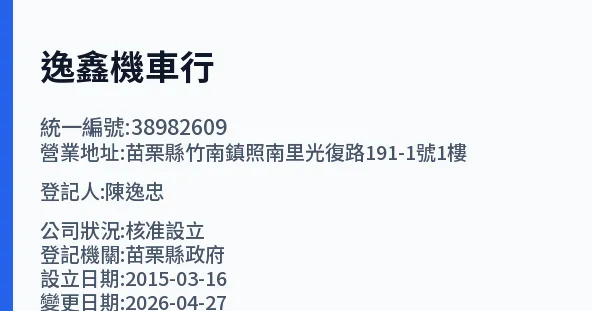 逸鑫機車行的照片-統編 38982609(苗栗縣) 公司登記資料與營業項目詳細圖表