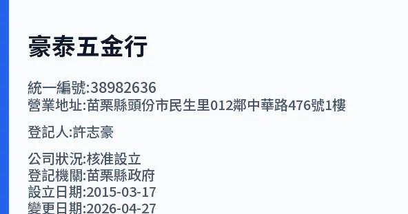豪泰五金行的照片-統編 38982636(苗栗縣) 公司登記資料與營業項目詳細圖表