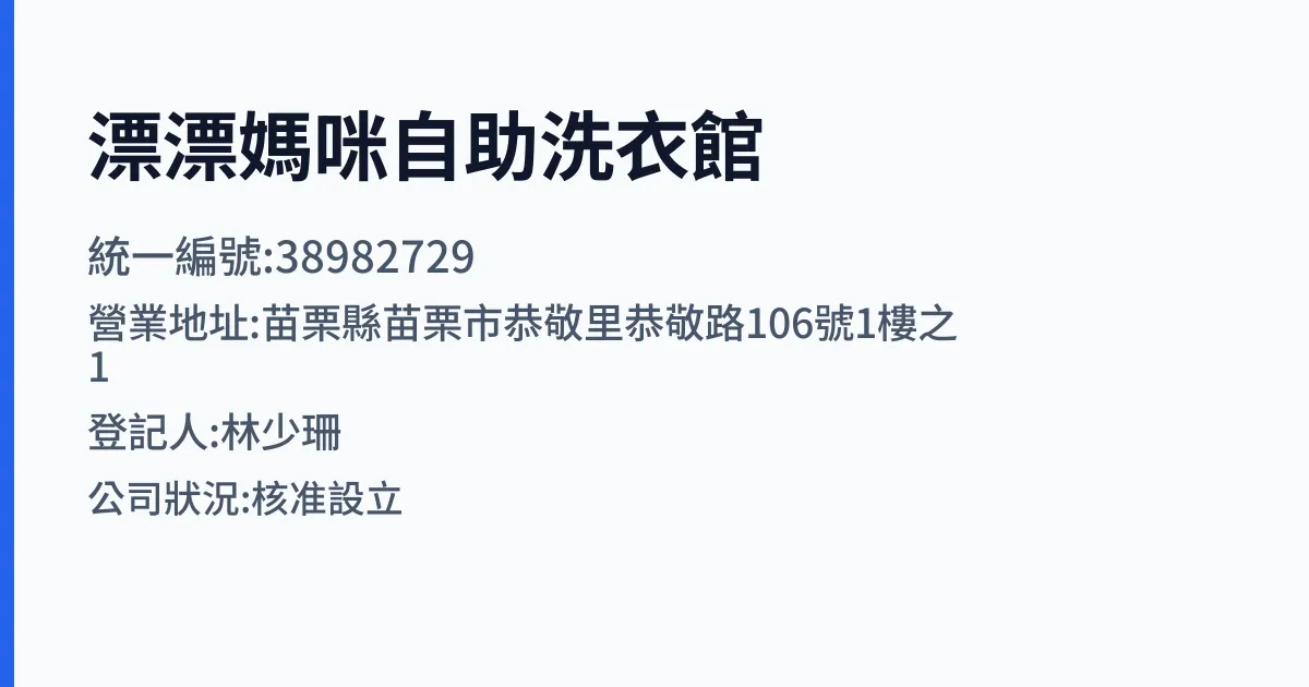 漂漂媽咪自助洗衣館 - 統編 38982729(苗栗縣) 公司登記資料與營業項目詳細圖表