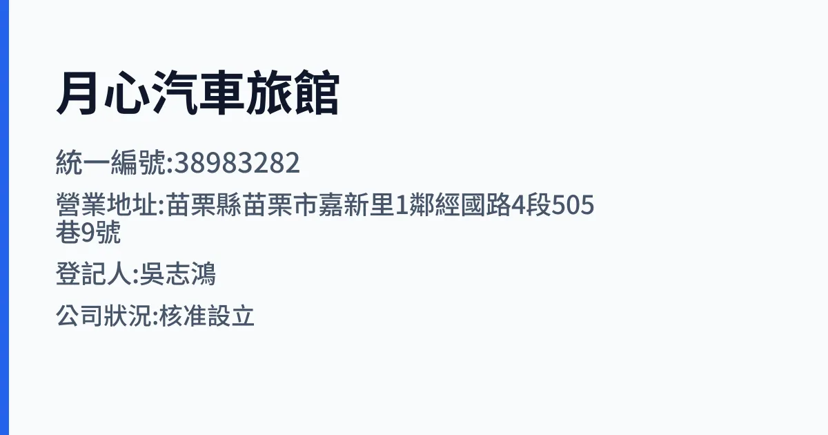 月心汽車旅館 - 統編 38983282(苗栗縣) 公司登記資料與營業項目詳細圖表