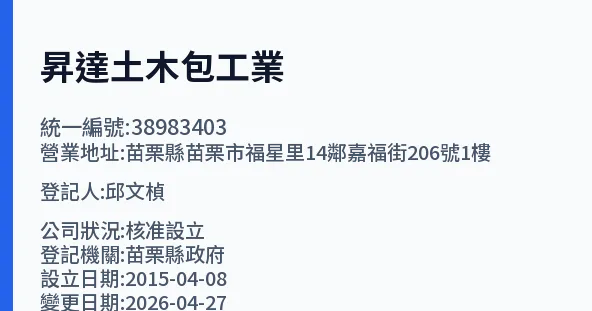 昇達土木包工業的照片-統編 38983403(苗栗縣) 公司登記資料與營業項目詳細圖表