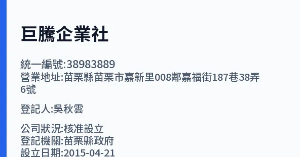巨騰企業社的照片-統編 38983889(苗栗縣) 公司登記資料與營業項目詳細圖表