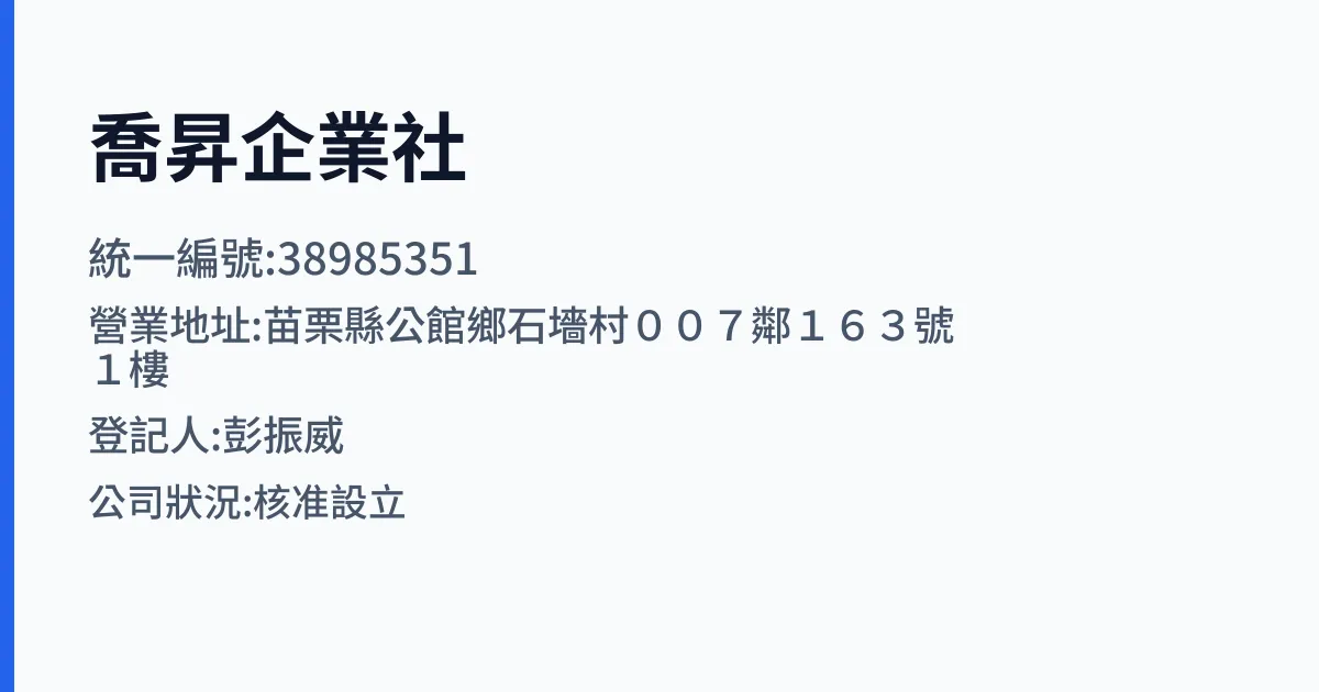 喬昇企業社 - 統編 38985351(苗栗縣) 公司登記資料與營業項目詳細圖表