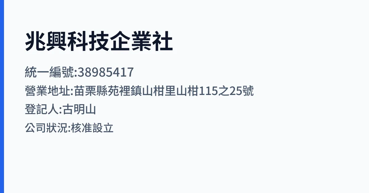 兆興科技企業社 - 統編 38985417(苗栗縣) 公司登記資料與營業項目詳細圖表