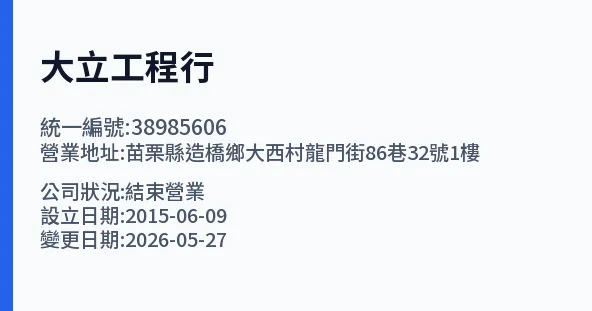 大立工程行的照片-統編 38985606(苗栗縣) 公司登記資料與營業項目詳細圖表