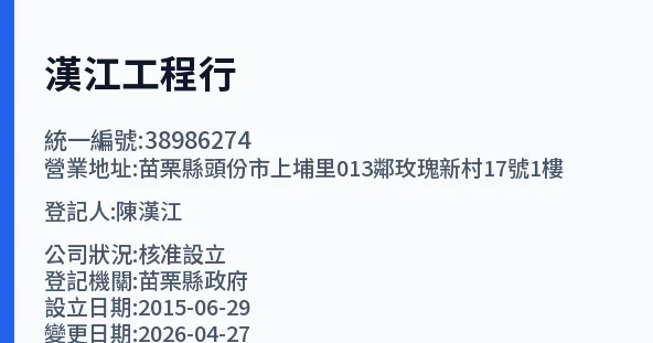 漢江工程行的照片-統編 38986274(苗栗縣) 公司登記資料與營業項目詳細圖表