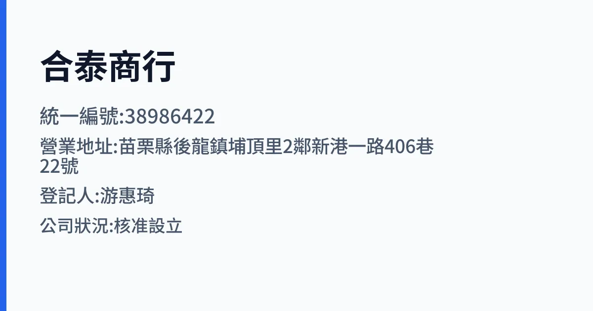 合泰商行 - 統編 38986422（苗栗縣） 公司登記資料與營業項目詳細圖表