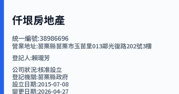 仟垠房地產的照片-統編 38986696(苗栗縣) 公司登記資料與營業項目詳細圖表