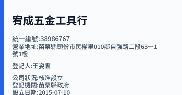 宥成五金工具行的照片-統編 38986767(苗栗縣) 公司登記資料與營業項目詳細圖表