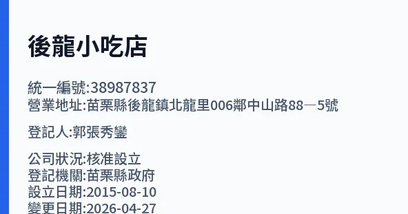 後龍小吃店的照片-統編 38987837(苗栗縣) 公司登記資料與營業項目詳細圖表