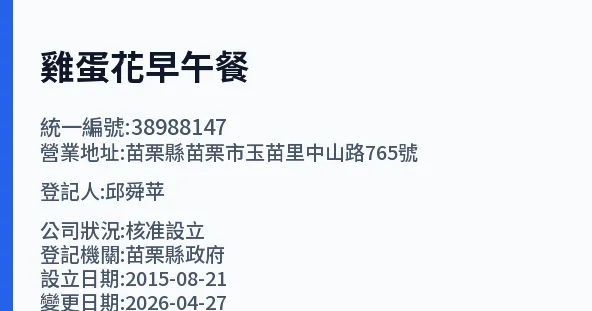 雞蛋花早午餐的照片-統編 38988147(苗栗縣) 公司登記資料與營業項目詳細圖表
