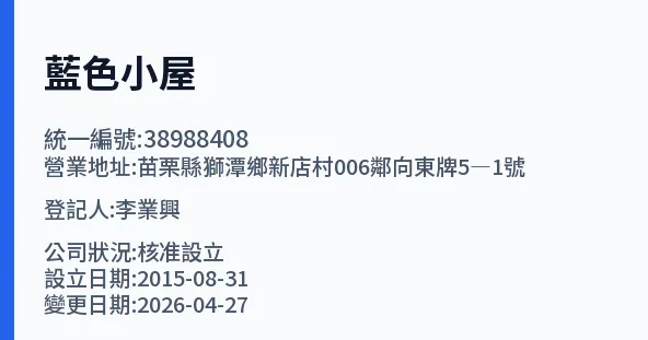 藍色小屋的照片-統編 38988408(苗栗縣) 公司登記資料與營業項目詳細圖表